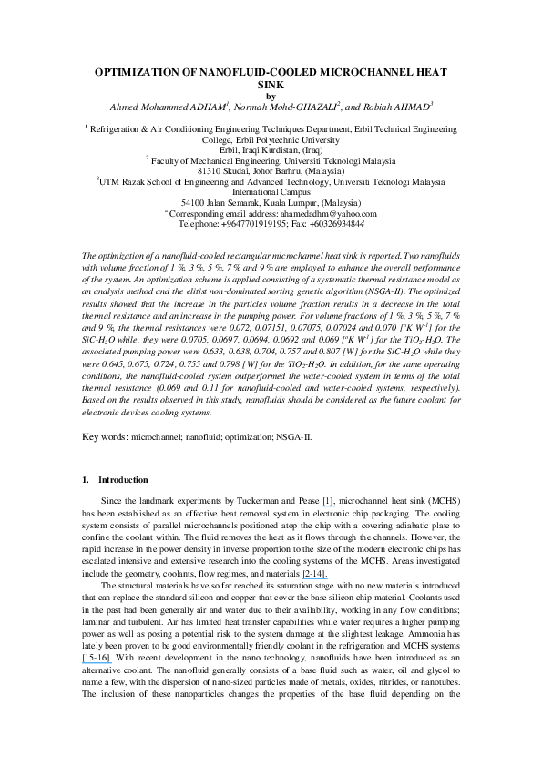 (PDF) Optimization of nanofluid-cooled microchannel heat sink