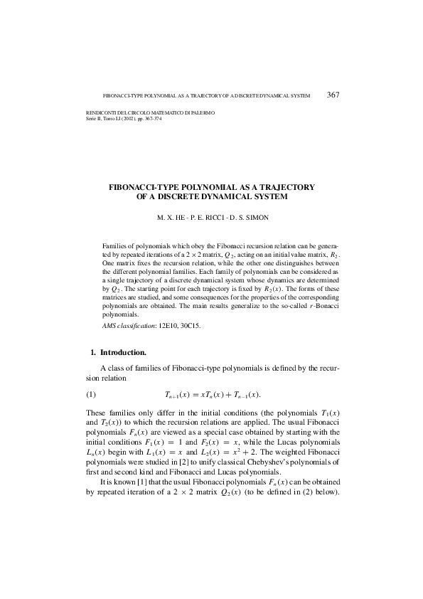 Pdf Fibonacci Type Polynomial As A Trajectory Of A Discrete Dynamical System
