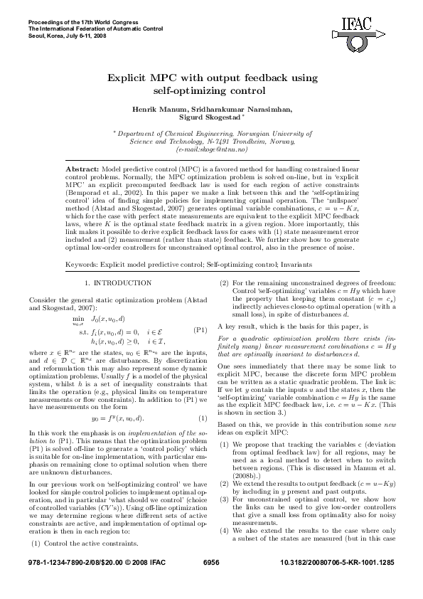 Pdf Explicit Mpc With Output Feedback Using Self Optimizing Control
