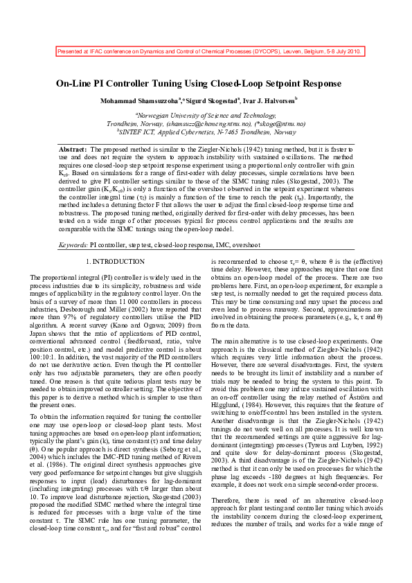 Pdf On Line Pi Controller Tuning Using Closed Loop Setpoint Response