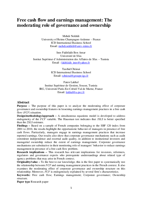 (PDF) Free cash flow and earnings management: The moderating role of governance and ownership
