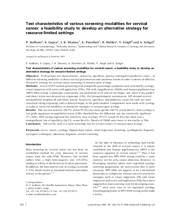 (PDF) Test characteristics of various screening modalities for cervical ...