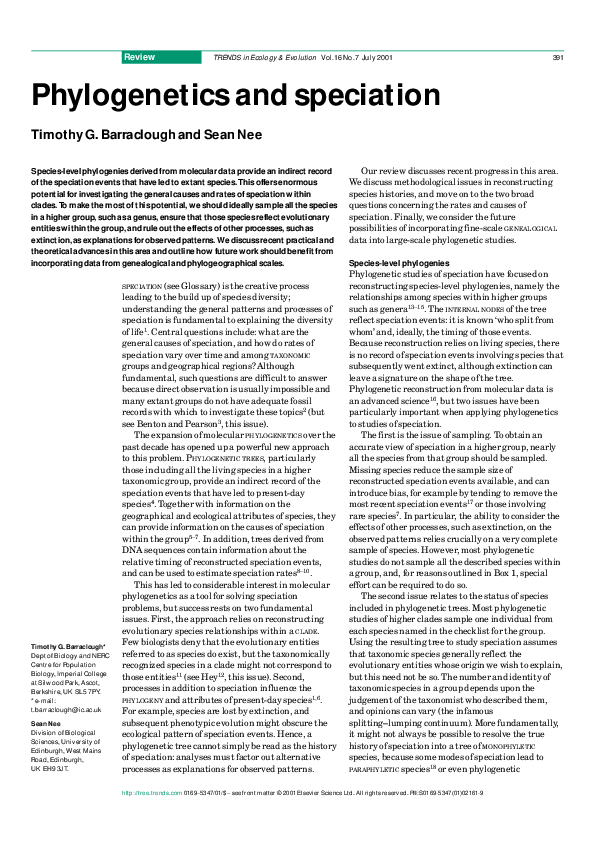 Pdf Phylogenetics And Speciation