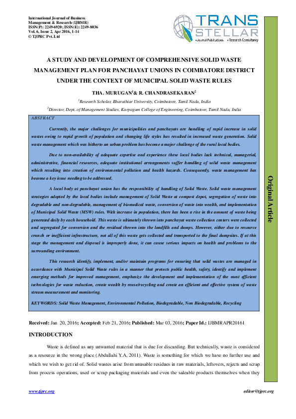 A STUDY AND DEVELOPMENT OF COMPREHENSIVE SOLID WASTE MANAGEMENT PLAN ...