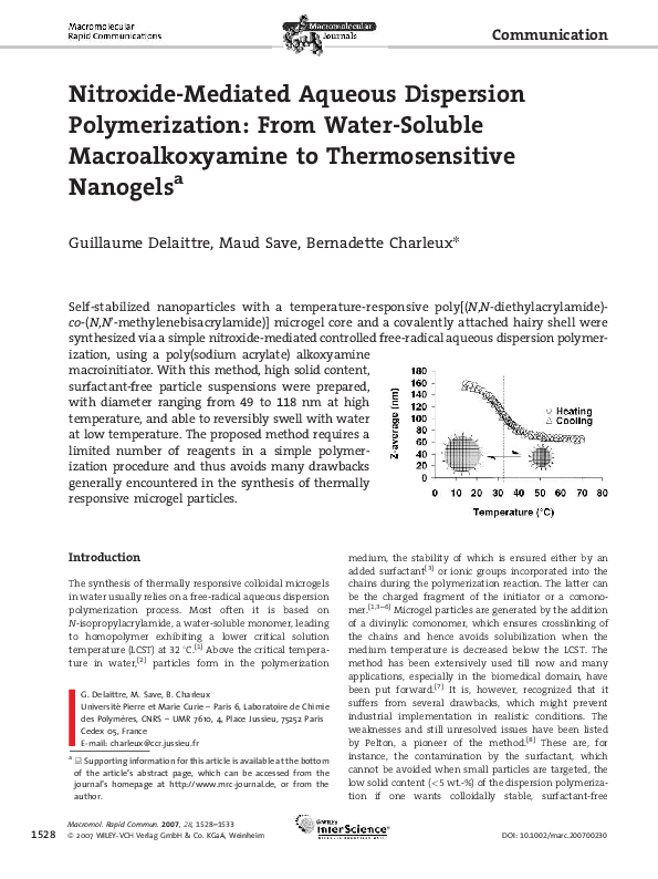 (PDF) Nitroxide-Mediated Aqueous Dispersion Polymerization: From Water-Soluble Macroalkoxyamine ...