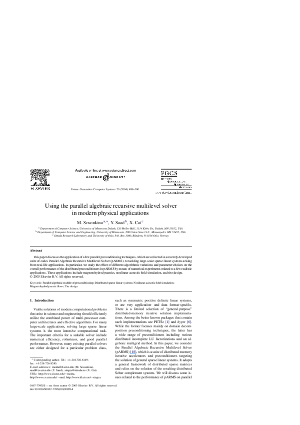 Pdf Using The Parallel Algebraic Recursive Multilevel Solver In