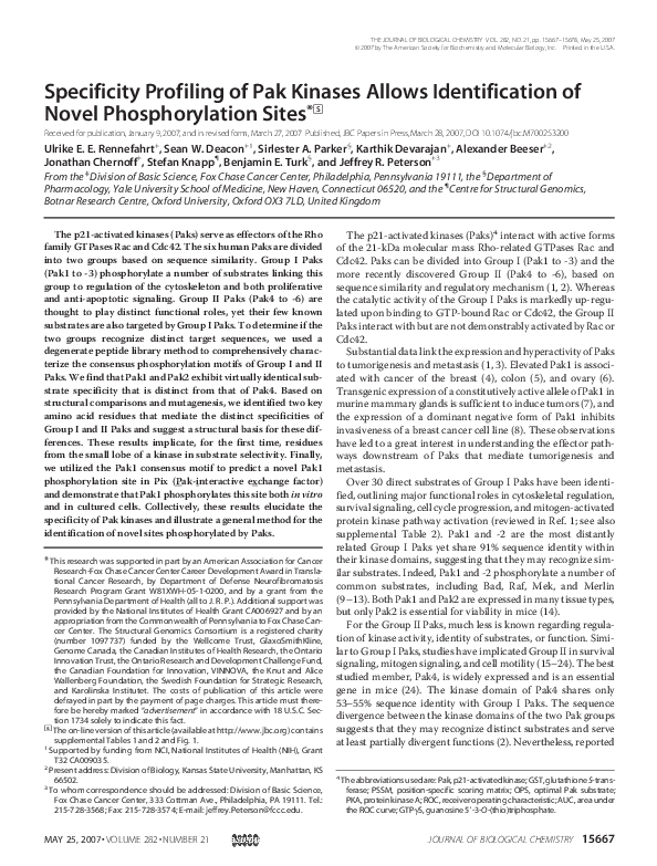 (PDF) Specificity Profiling of Pak Kinases Allows Identification of ...