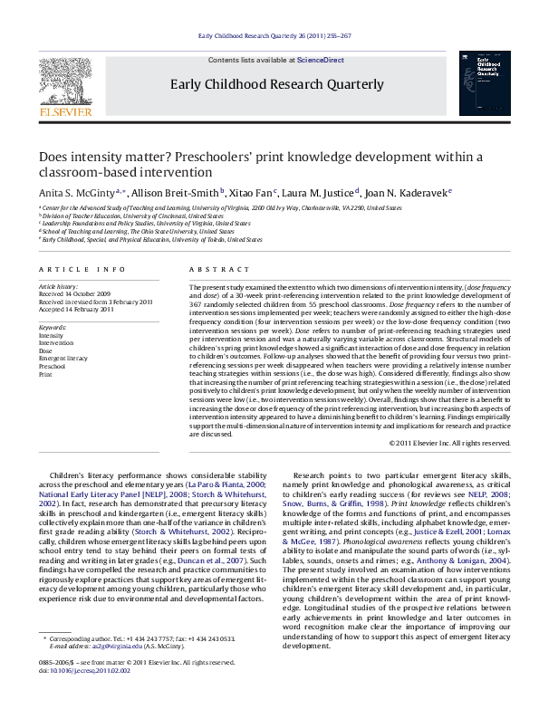 (PDF) Does intensity matter? Preschoolers’ print knowledge development ...