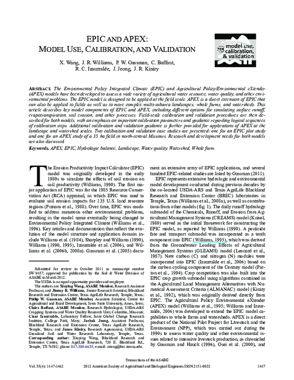 (PDF) EPIC and APEX: Model Use, Calibration, and Validation