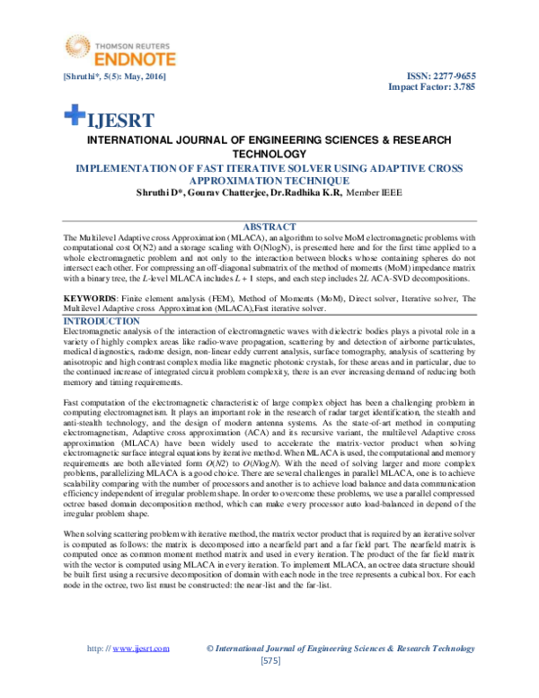 (PDF) IMPLEMENTATION OF FAST ITERATIVE SOLVER USING ADAPTIVE CROSS APPROXIMATION TECHNIQUE