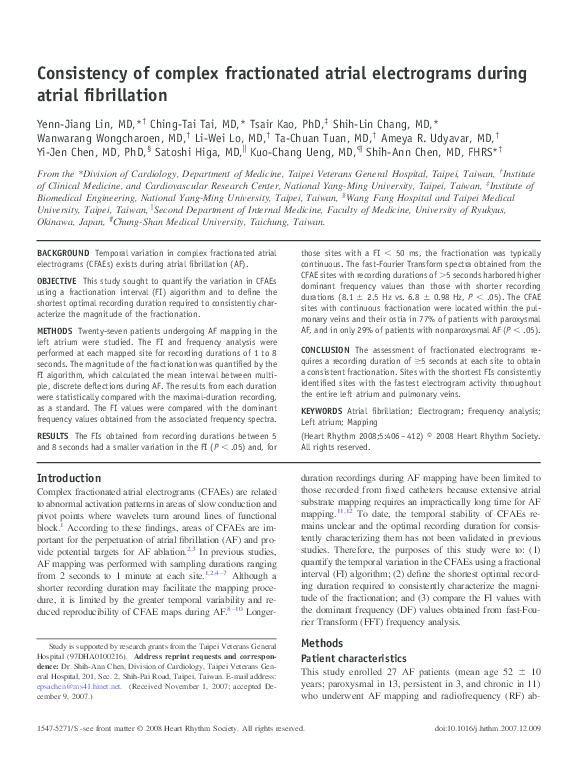 Pdf Consistency Of Complex Fractionated Atrial Electrograms During Atrial Fibrillation