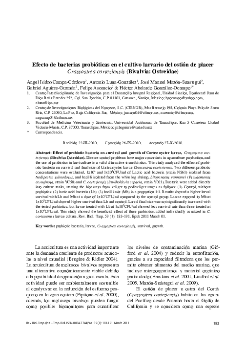 Pdf [effect Of Probiotic Bacteria On Survival And Growth Of Cortez