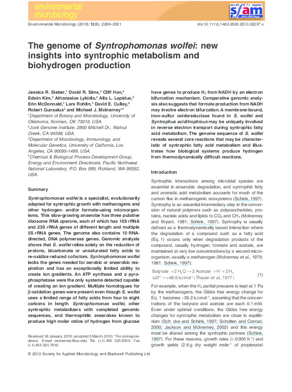 (PDF) The genome of Syntrophomonas wolfei: new insights into syntrophic ...