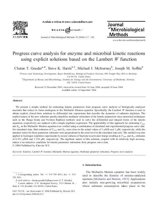 Pdf Progress Curve Analysis For Enzyme And Microbial Kinetic Reactions Using Explicit