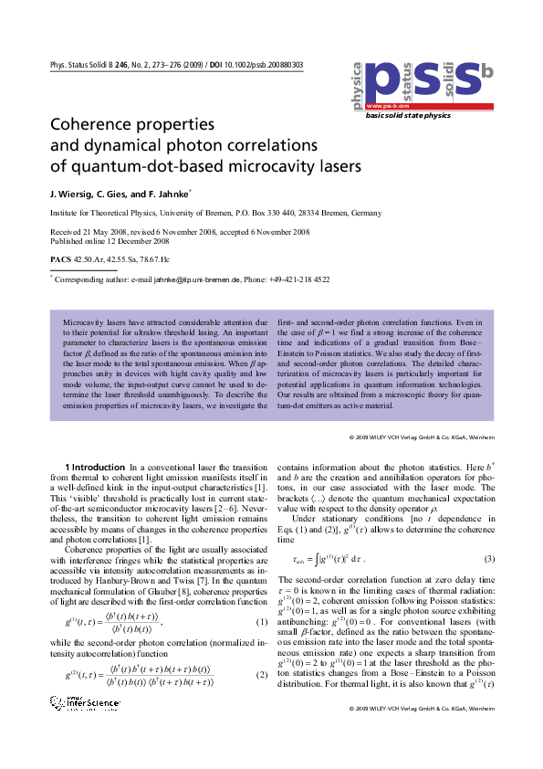 (PDF) Coherence properties and dynamical photon correlations of quantum-dot-based microcavity lasers