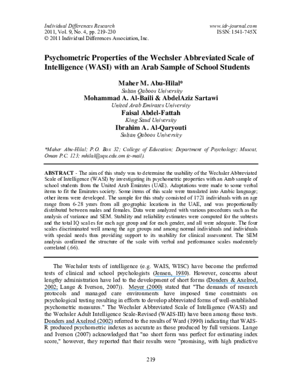 (PDF) Psychometric Properties of the Wechsler Abbreviated Scale of ...