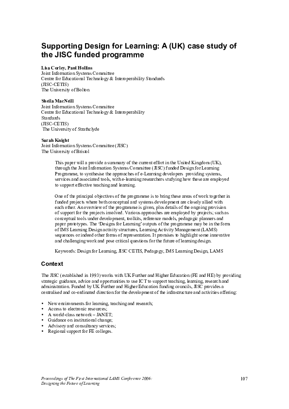 (PDF) Supporting Design for Learning: A (UK) case study of the JISC funded programme