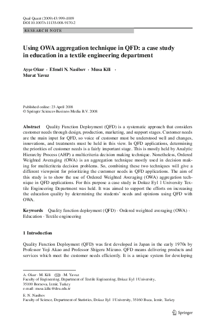 (PDF) Using OWA aggregation technique in QFD: a case study in education in a textile engineering ...