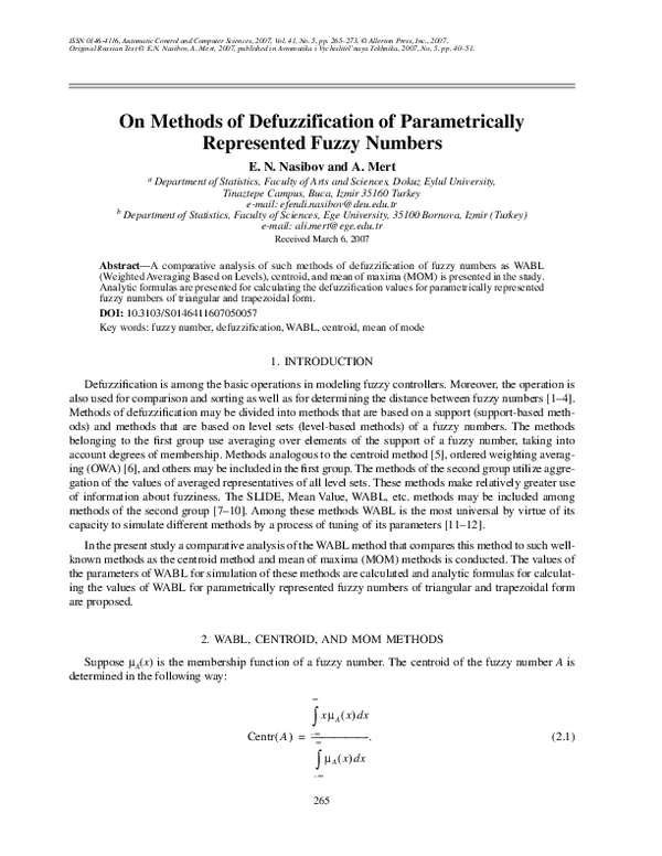 Pdf On Methods Of Defuzzification Of Parametrically Represented Fuzzy Numbers