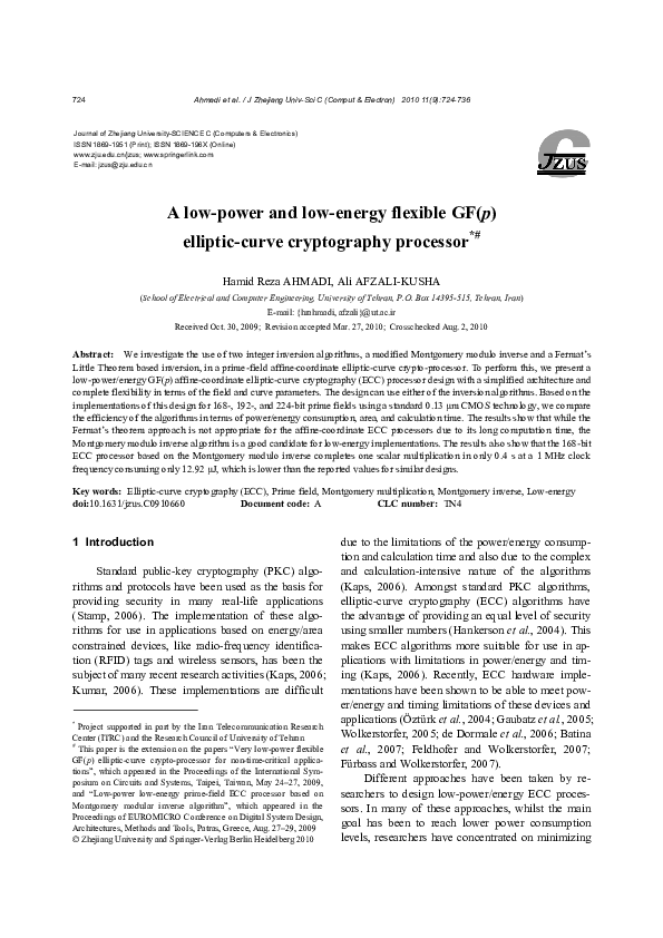 (PDF) A low-power and low-energy flexible GF(p) elliptic-curve cryptography processor