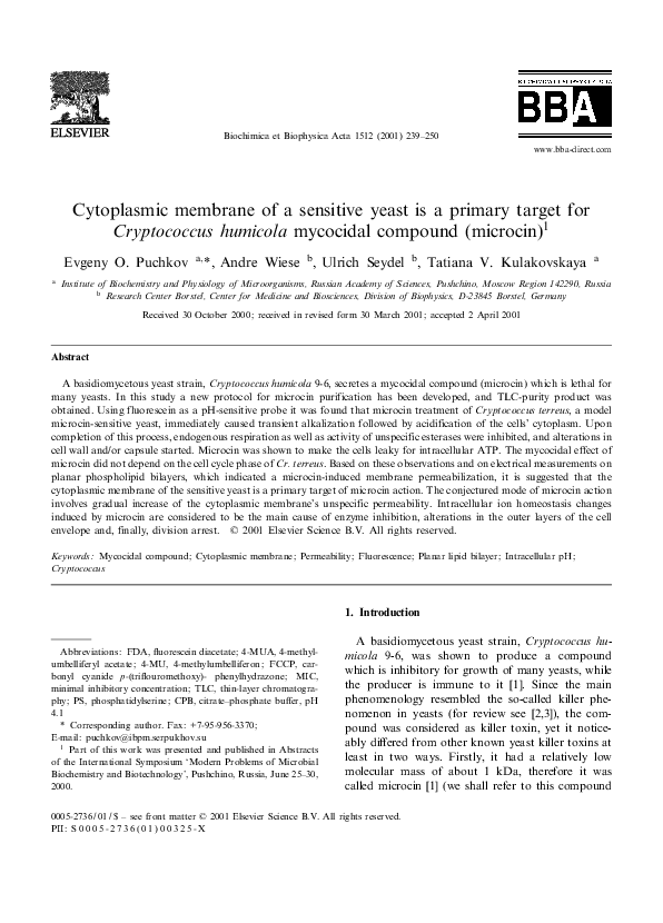 (PDF) Cytoplasmic membrane of a sensitive yeast is a primary target for ...