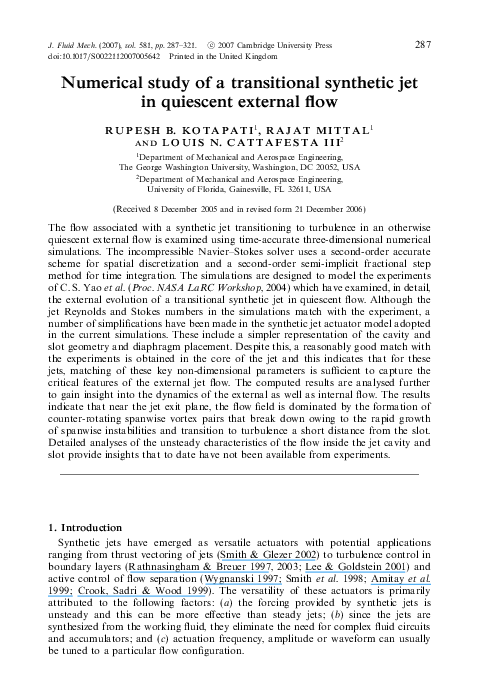 (PDF) Numerical study of a transitional synthetic jet in quiescent external flow