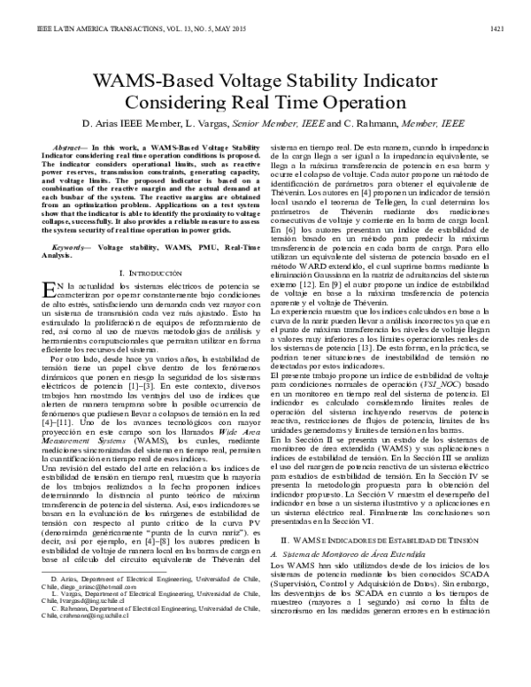 (PDF) WAMS-Based Voltage Stability Indicator Considering Real Time Operation