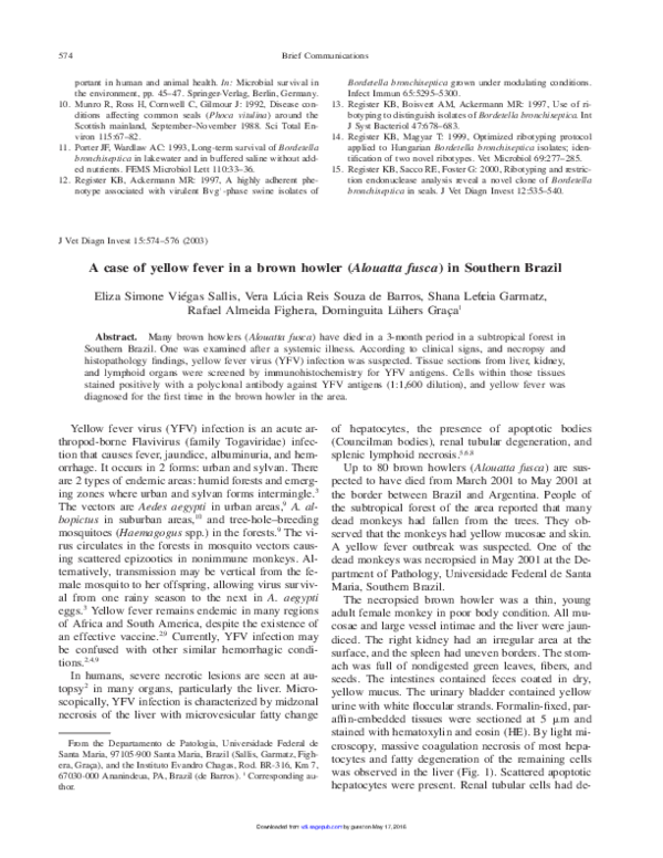 (PDF) A Case of Yellow Fever in a Brown Howler (Alouatta Fusca) in ...