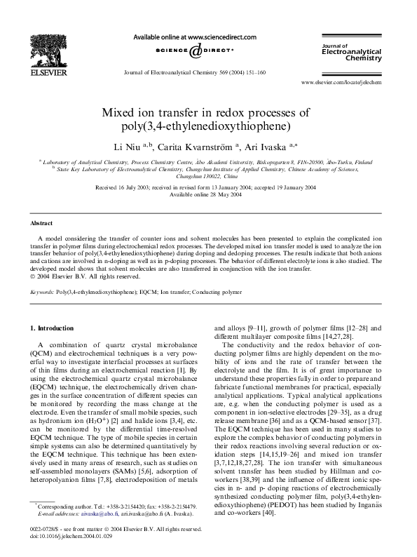 (PDF) Mixed ion transfer in redox processes of poly(3,4 ...