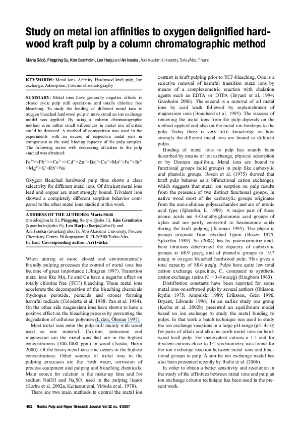 (PDF) Study on metal ion affinities to oxygen delignified hardwood ...