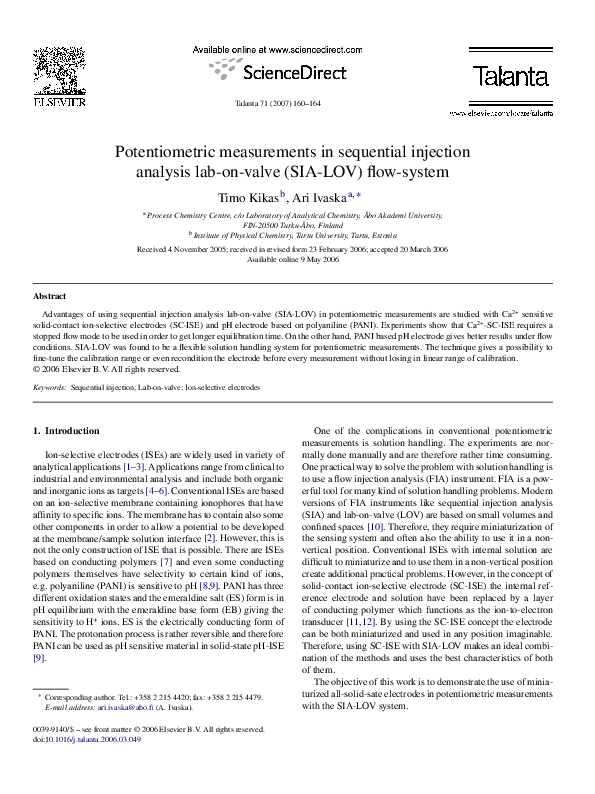 Pdf Potentiometric Measurements In Sequential Injection Analysis Lab