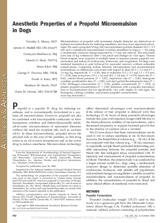 (PDF) Anesthetic Properties of a Propofol Microemulsion in Dogs ...