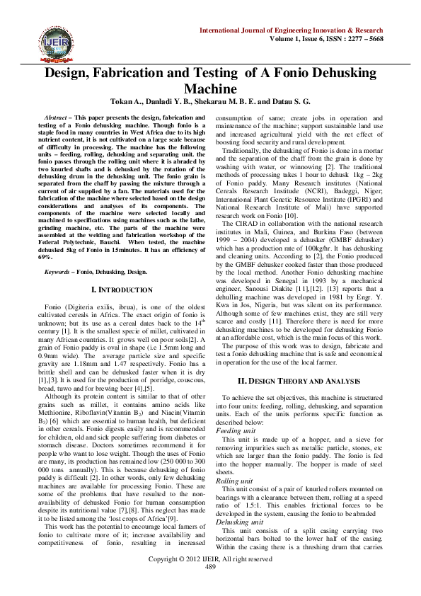(PDF) Design, Fabrication and Testing of A Fonio Dehusking Machine