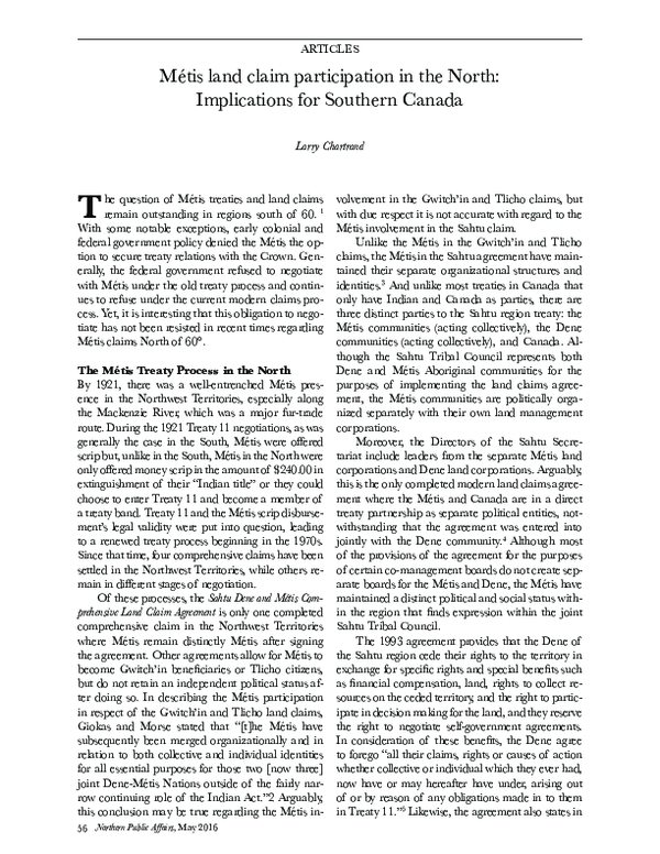 (PDF) Metis Land Claims Participation in the North: Implications for ...