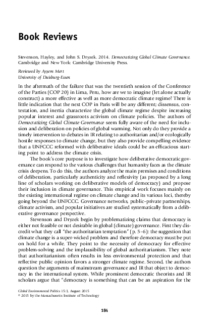 (PDF) Book Review: Stevenson, Hayley, and John S. Dryzek. 2014 ...