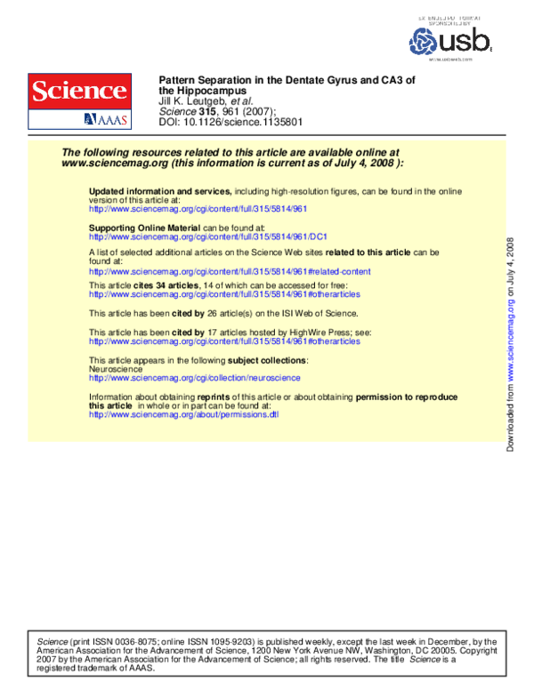 (PDF) Pattern Separation In the Dentate Gyrus and CA3 of the Hippocampus