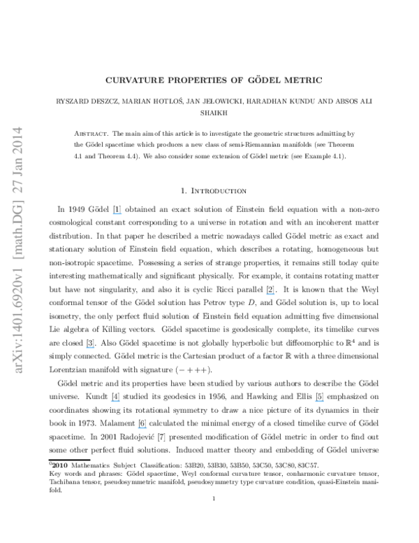 (PDF) Curvature properties of Gödel metric | Marian Hotloś, Absos ...