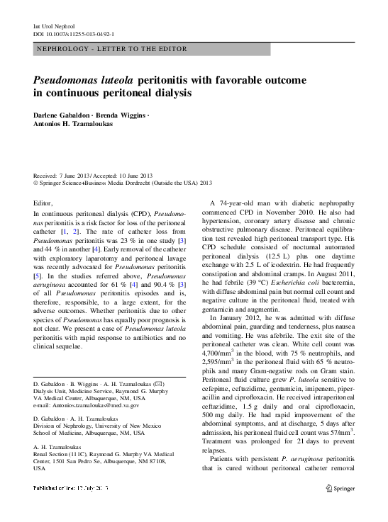 (PDF) Pseudomonas luteola peritonitis with favorable outcome in ...