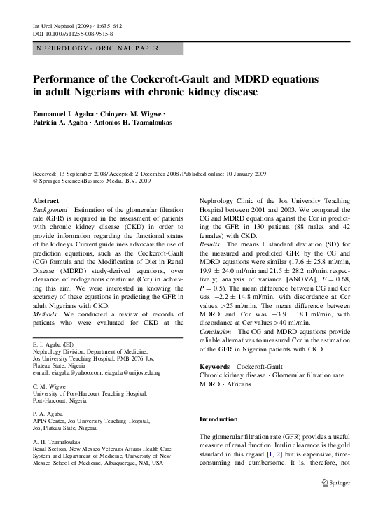 (PDF) Performance of the Cockcroft-Gault and MDRD equations in adult Nigerians with chronic ...