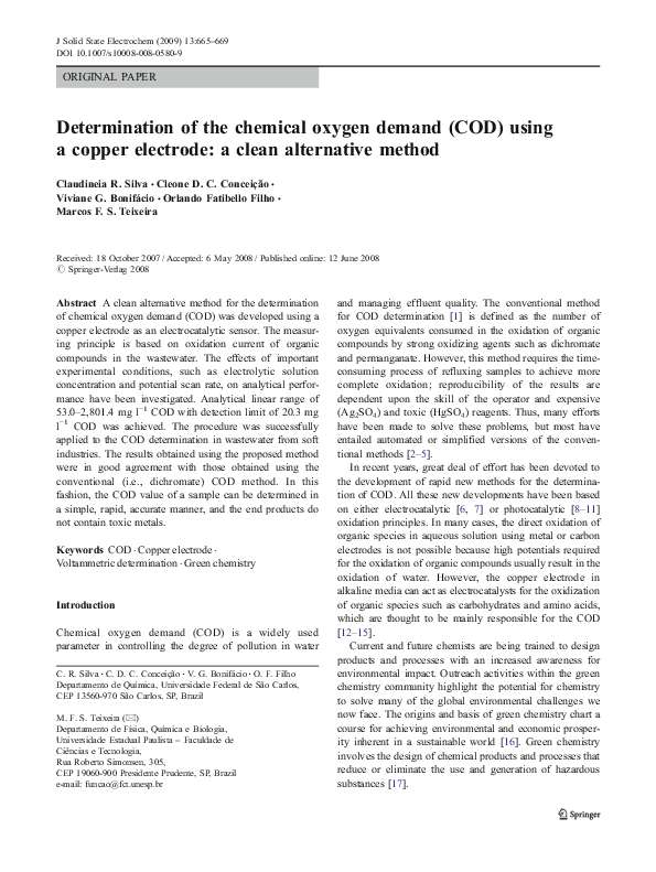 (PDF) Determination of the chemical oxygen demand (COD) using a copper ...