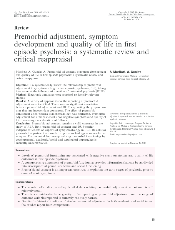 (PDF) Premorbid adjustment, symptom development and quality of life in ...
