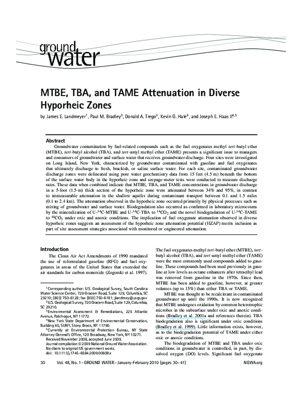 (PDF) MTBE, TBA, and TAME Attenuation in Diverse Hyporheic Zones