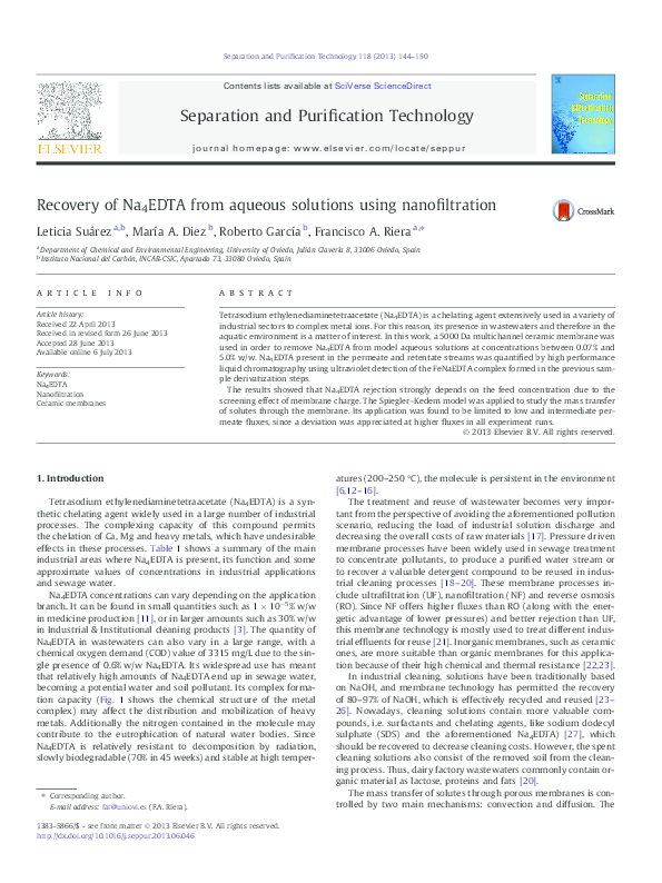 (PDF) Recovery of Na4EDTA from aqueous solutions using nanofiltration