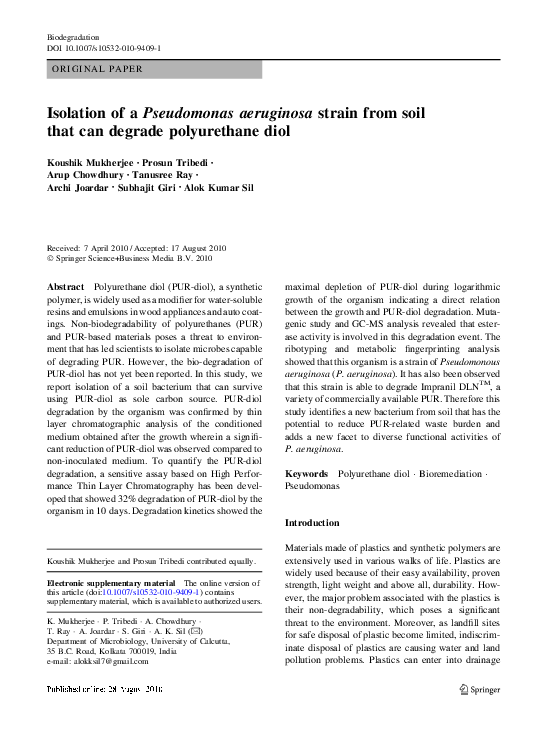 (PDF) Isolation of a Pseudomonas aeruginosa strain from soil that can ...