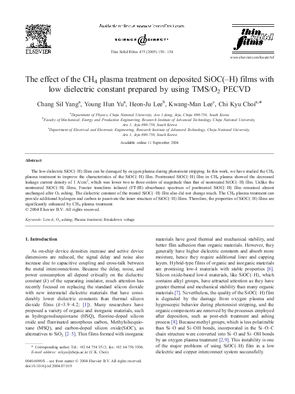 (PDF) The effect of the CH4 plasma treatment on deposited SiOC(–H ...