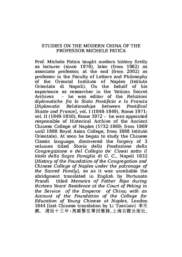 (DOC) STUDIES ON THE MODERN CHINA OF THE PROFESSOR MICHELE FATICA