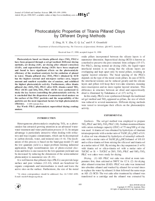 (PDF) Photocatalytic properties of titania pillared clays by different ...