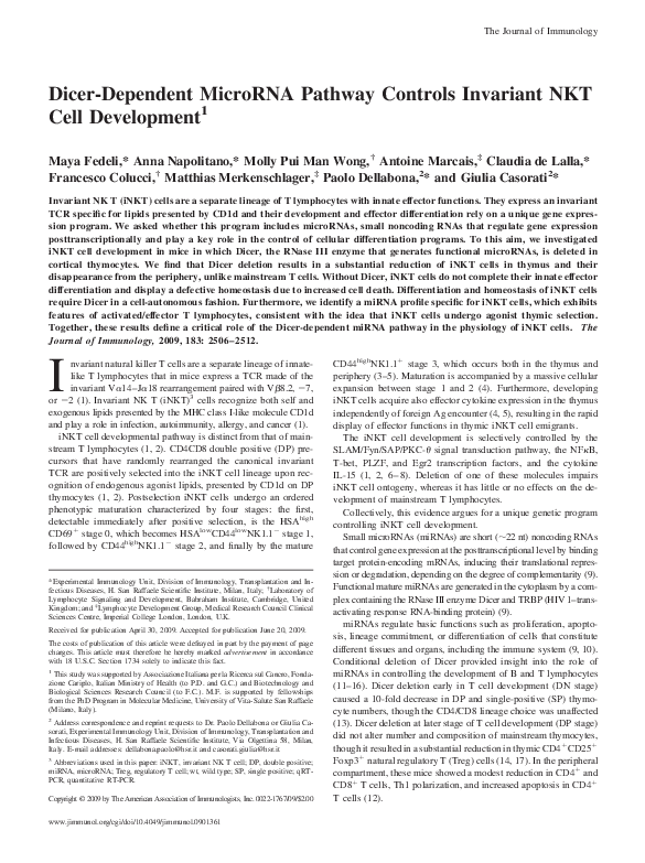 (PDF) Dicer-Dependent MicroRNA Pathway Controls Invariant NKT Cell Development