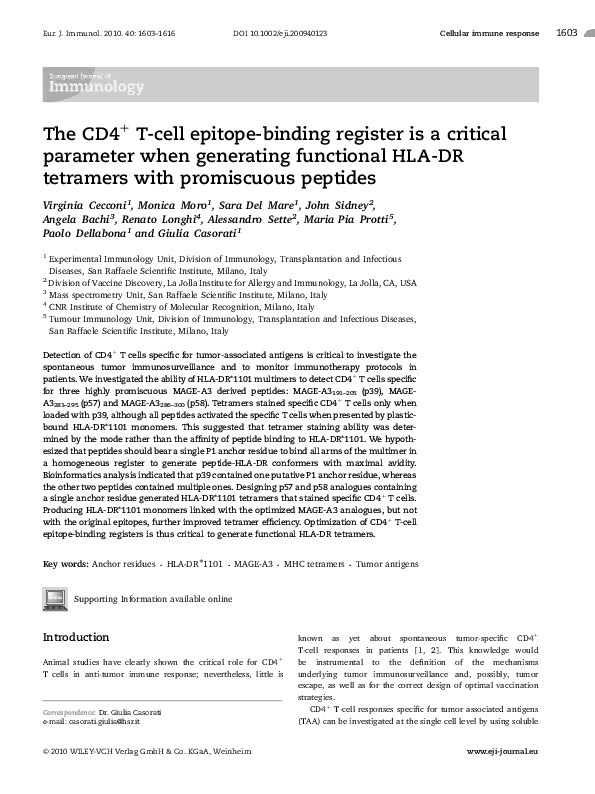 (PDF) The CD4+ T-cell epitope-binding register is a critical parameter when generating ...