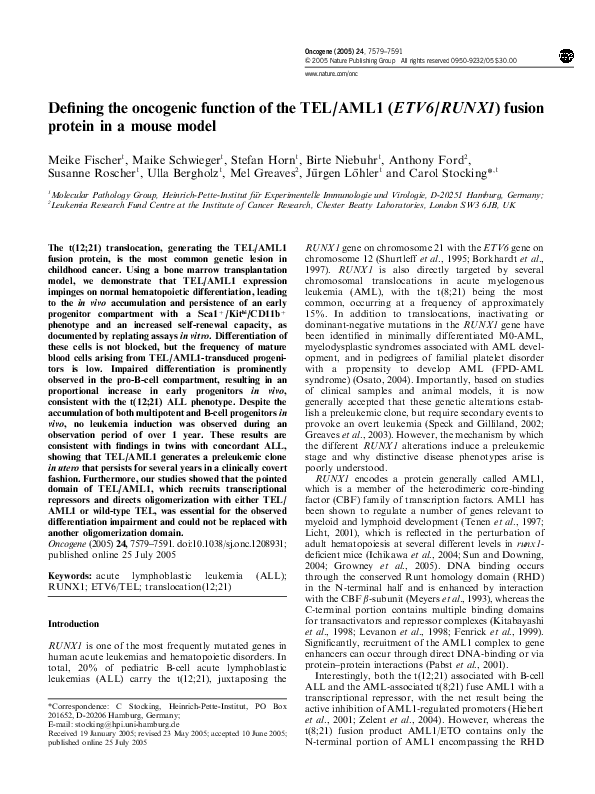 (PDF) Defining the oncogenic function of the TEL/AML1 (ETV6/RUNX1) fusion protein in a mouse model